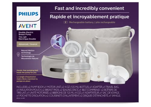 Philips AVENT Double Electric Breast Pump Advanced, with Natural Motion Technology, with Clear Natural Response Baby Bottles, White Pump, Gray Bag, Pouch, and Belt, SCF394/62