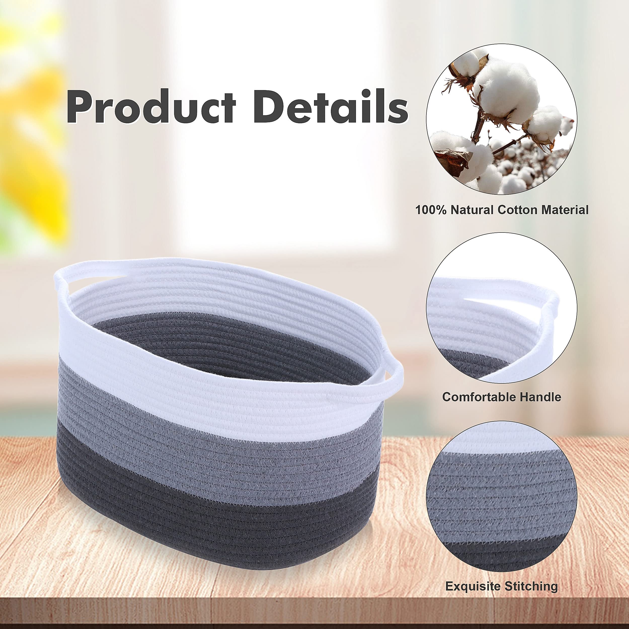 Bienvoun Cotton Rope Storage Baskets - 3 Packs Woven Storage Bins with Handle, Toy Storage Baskets, Blanket Baskets for Toy Storage, Blanket Storage, Book Storage(Dark Grey)