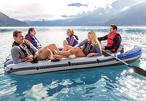 INTEX 68325EP Excursion 5 Inflatable Boat Set: Includes Deluxe 54in Aluminum Oars and High-Output Pump – Adjustable Seats with Backrest – Fishing Rod Holders – 5-Person – 1320lb Weight Capacity