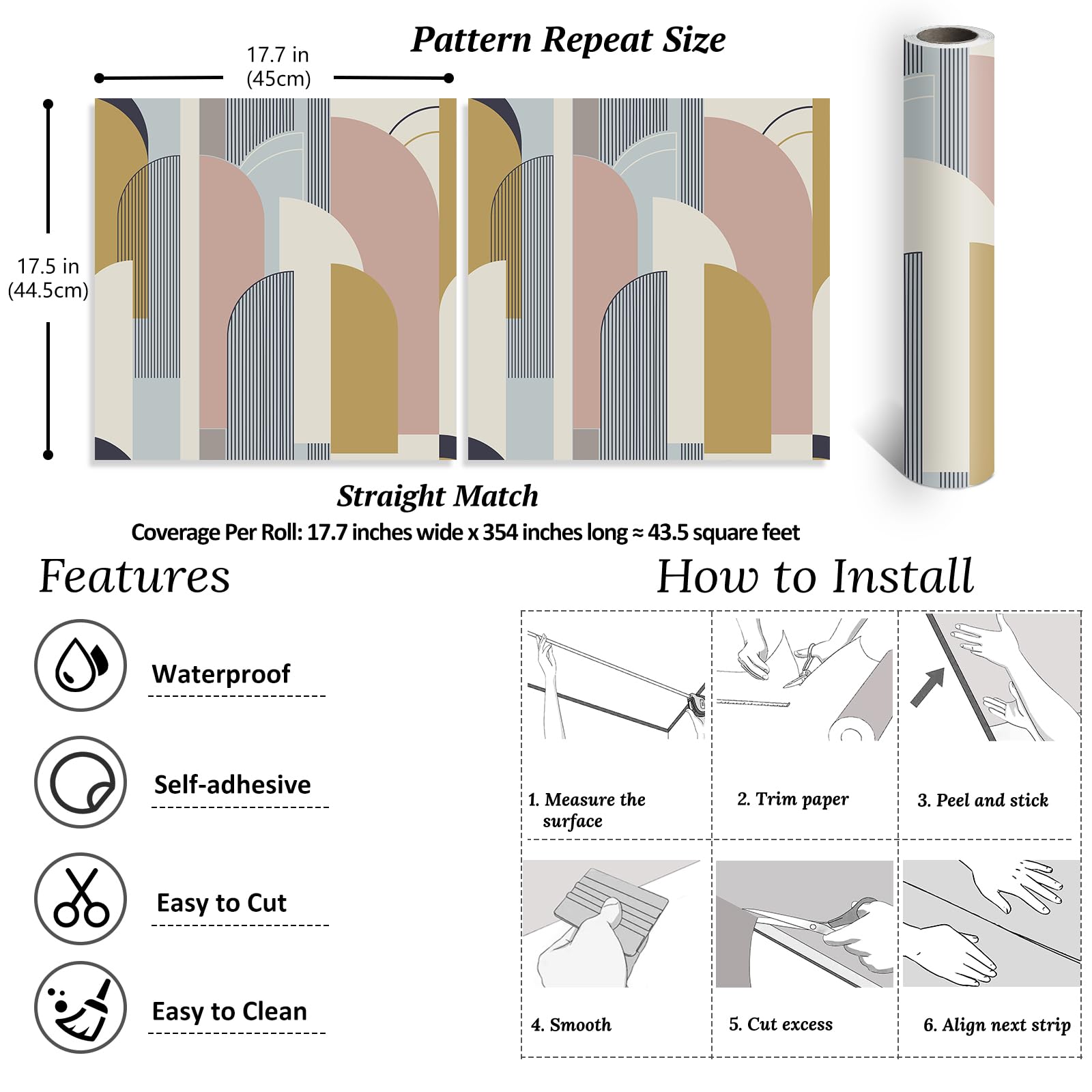 VEELIKE 17.7''x354'' Abstract Arches Geometric Wallpaper Peel and Stick Boho Geometric Contact Paper for Accent Walls Removable Modern Wallpaper Self Adhesive Art Wall Mural for Bedroom Bathroom
