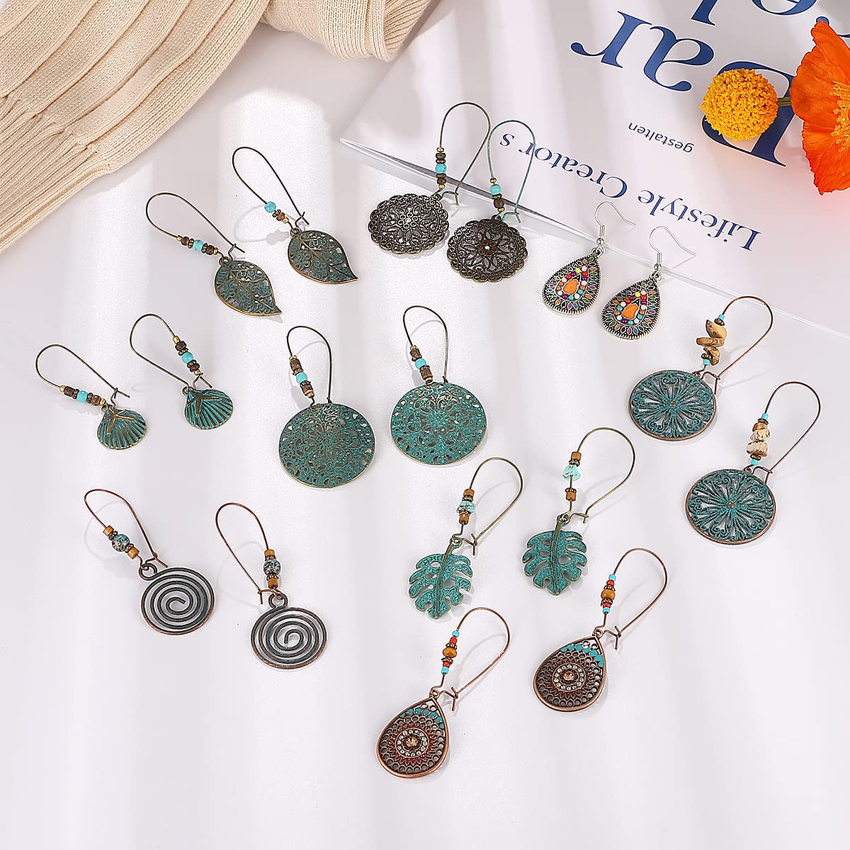 Bohemian Vintage Dangle Earrings Boho Retro Hollow Metal Dangle Drop Earrings for Women Girls (9pairs)