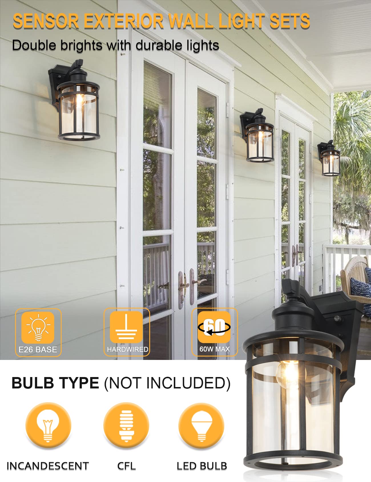 KXIEMRS 2-Pack Dusk to Dawn Sensor Outdoor Wall Lantern, Exterior Wall Mount Light Fixture, Matte Black Metal Wall Sconce with Clear Glass, E26 Base Waterproof for Backyard, Entryway, Garage, Garden…