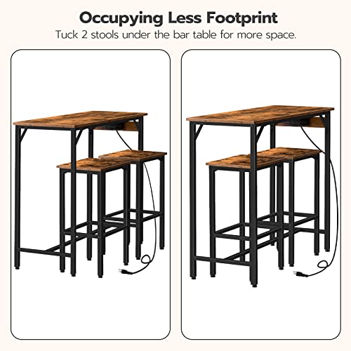 HOOBRO Bar Table Set with Power Outlet, Bar Table and Chairs Set, 3-Piece Pub Table Set, Kitchen Bar Height Table with Stools of 2, for Living Room, Dining Room, Rustic Brown and Black BF45UBT01