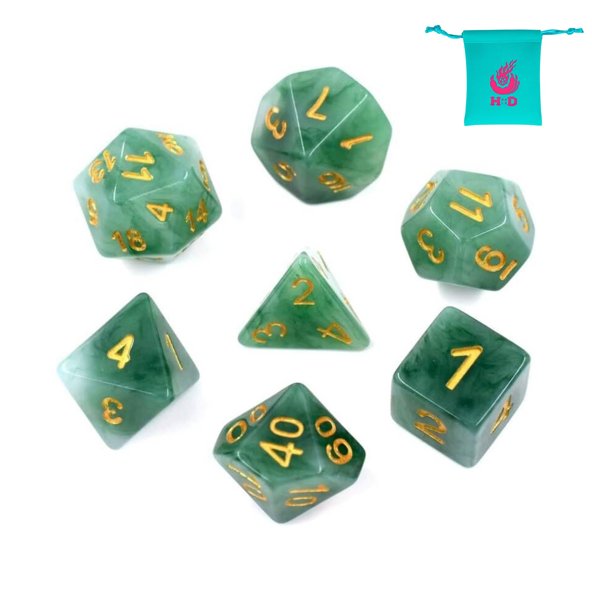 HDdais Polyhedral DND Dice Sets, 7-Die Green D&D Dice for Dungeons and Dragons Pathfinder RPG MTG Table Gaming Dice,Jade Dice (Green)