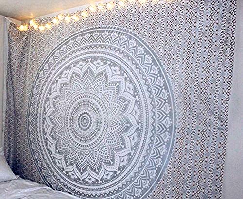 raajsee Glittering Silver Grey Tapestry Wall Hanging Mandala-Bohemian Room Decor-Indian Cotton Throw Hippie Tapestries -Queen Bedspread 82x92 inches