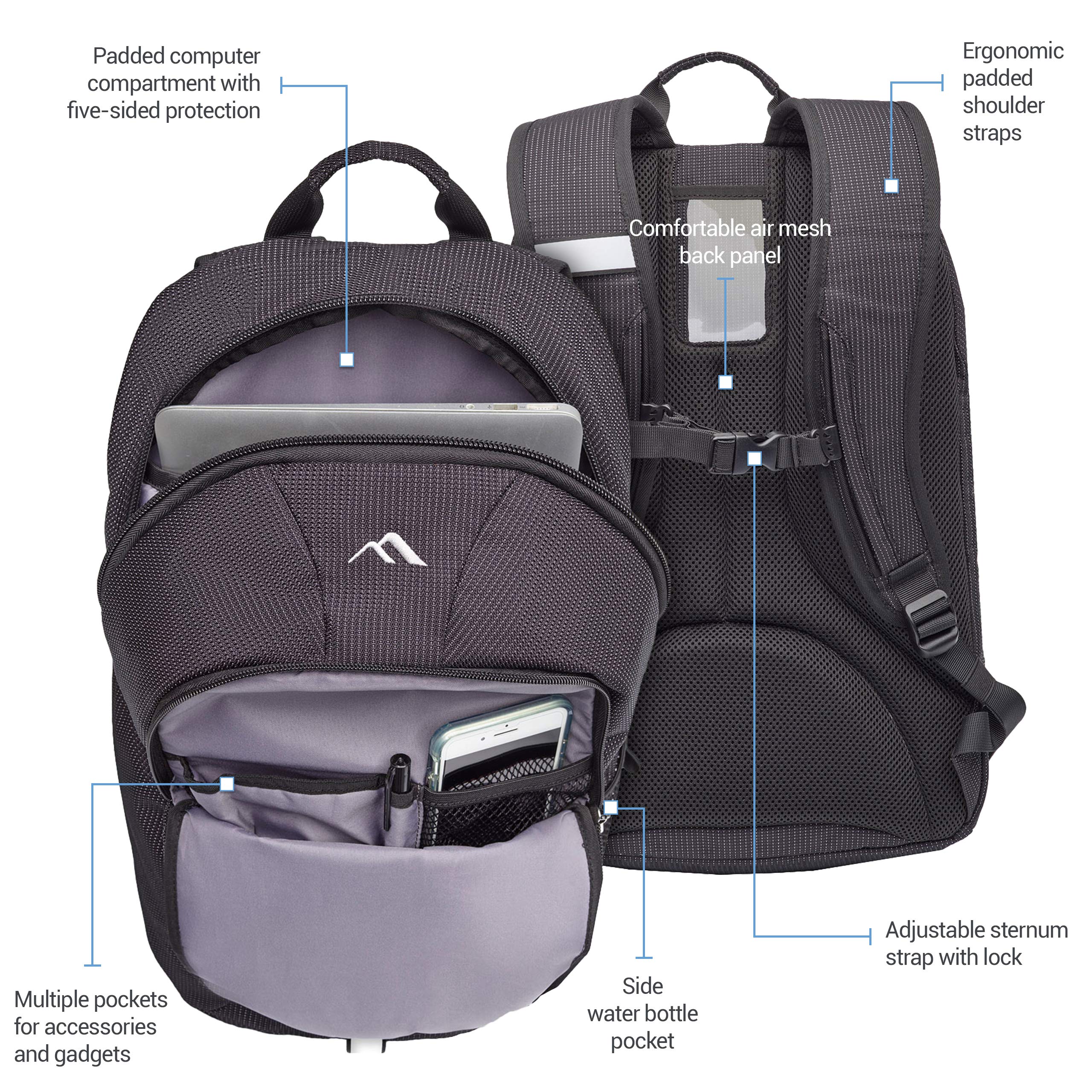 Brenthaven Tred Alpha Backpack with Padded Pockets for 15 inch Laptop, MacBook, Chromebooks & Tablets - Durable, Comfortable, Spacious and Secure for College, Office, Business or Personal Use - Black