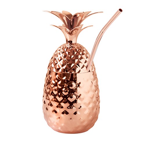 Oggi Stainless Steel Pineapple Cup with Straw & Lid- 12oz Copper Plated Metal Pineapple, Bar Accessories for Summer, Cocktail Cups Make Great Drinking Gifts