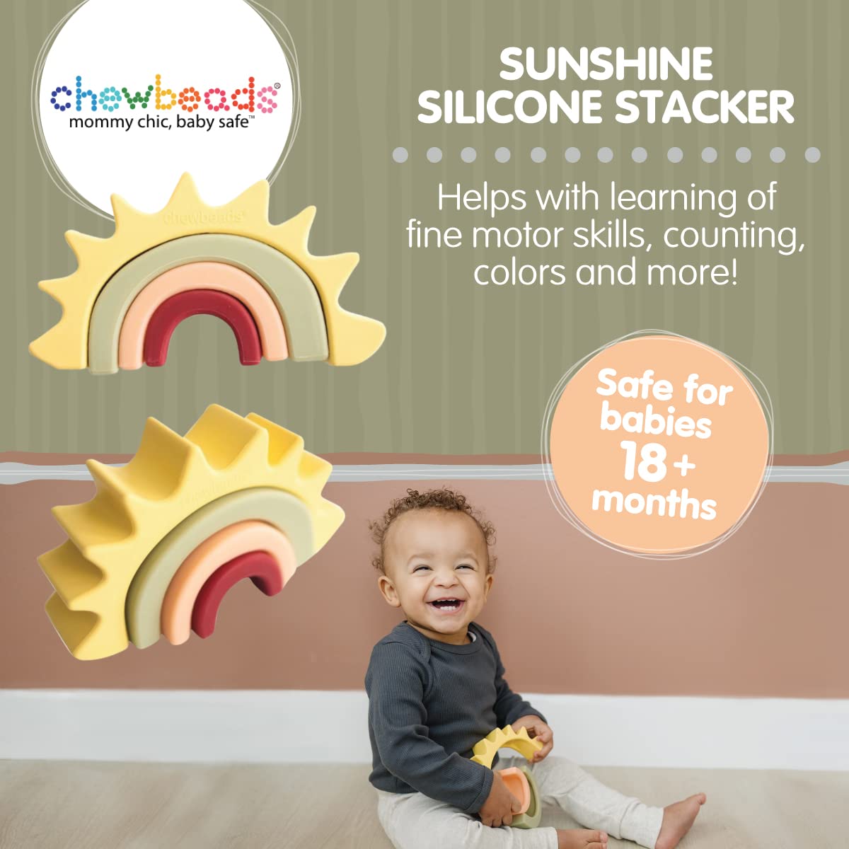 Chewbeads Sunshine Baby Stacking Toy - 100% Silicone Stacker Toy for Babies, Toddlers - Fun, Colorful Stacking Toy to Develop Fine Motor Skills - Dishwasher Safe, BPA & Phthalate Free