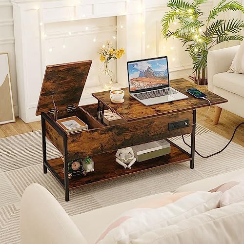 HOOBRO Lift Top Coffee Table, Coffee Table with Charging Station, Coffee Table with Lift Top and Power Outlet, Center Table for Living Room, Office, Reception Room, Rustic Brown and Black BF05UKF01