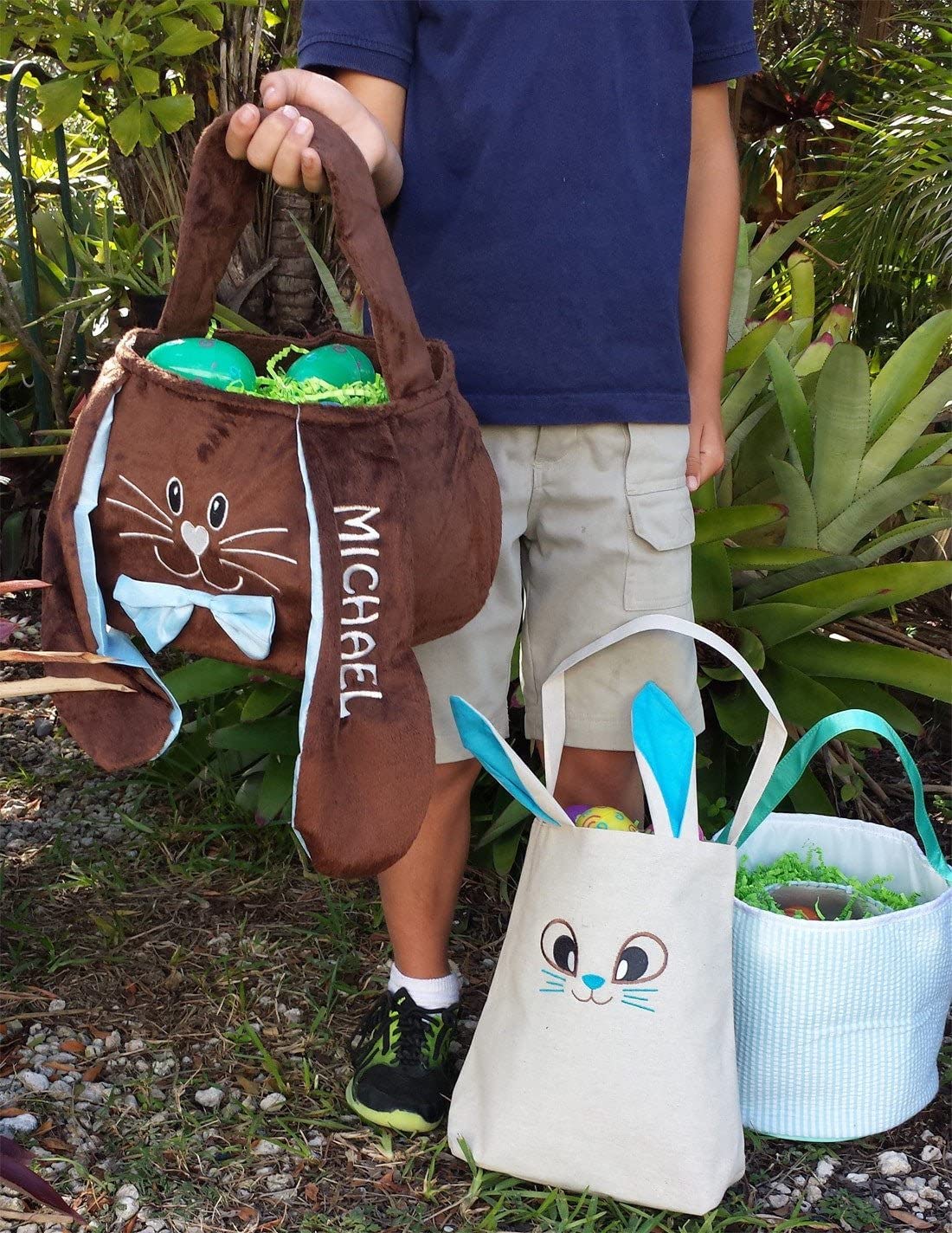Personalized Easter Basket (Blue Chocolate) Plush Easter Basket Tote Bunny Bucket Embroidered with Kids Name