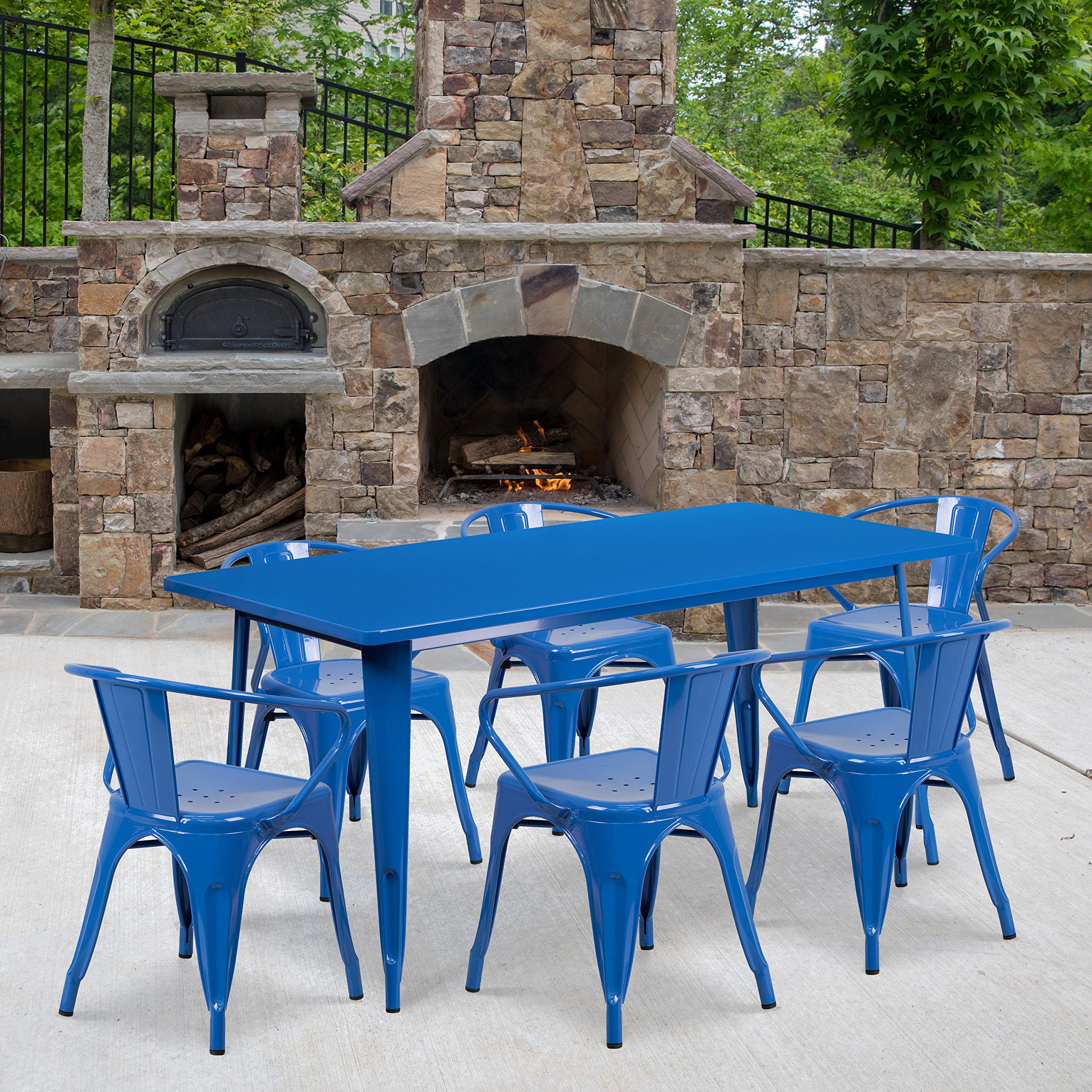 Flash Furniture Commercial Grade 31.5" x 63" Rectangular Blue Metal Indoor-Outdoor Table Set with 6 Arm Chairs