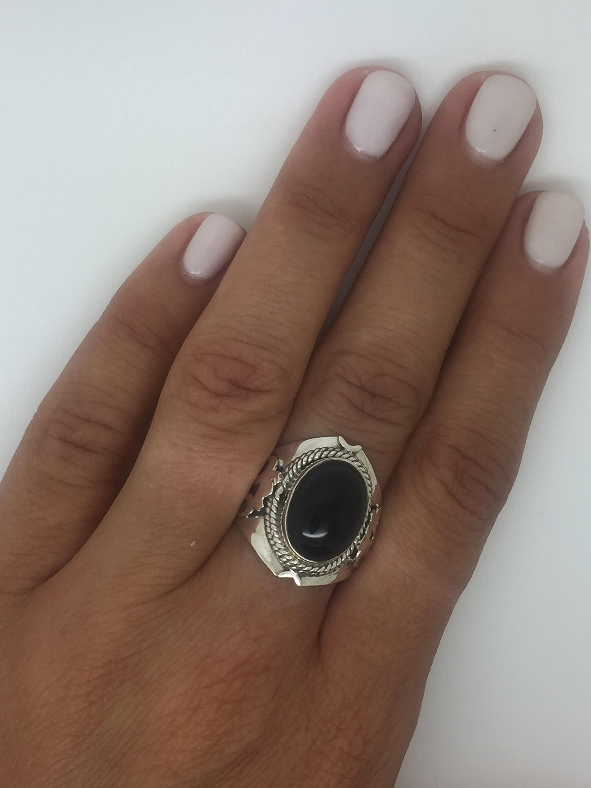 Black Onyx Oval Stone Vintage Gipsy Om Ring 925 Sterling Silver US Size 7 8 9 10 (7)