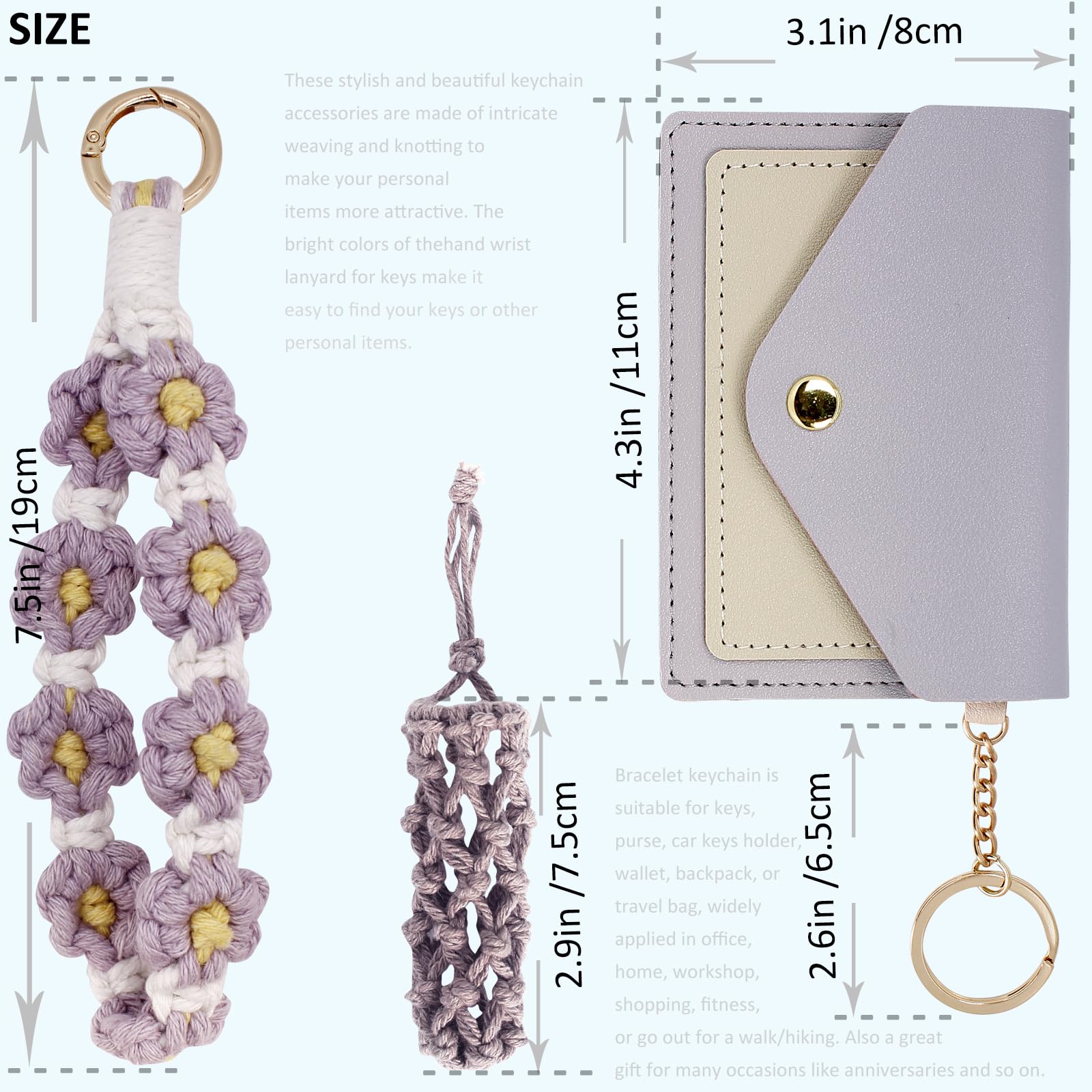 BIHRTC Boho Macrame Keychain Multicolor Daisy Bracelet Wrist Lanyard with Wallet Lipstick Holder Handmade Durable Floral Lanyard Car Key Keyring Wrist Key Chain for Women Girls
