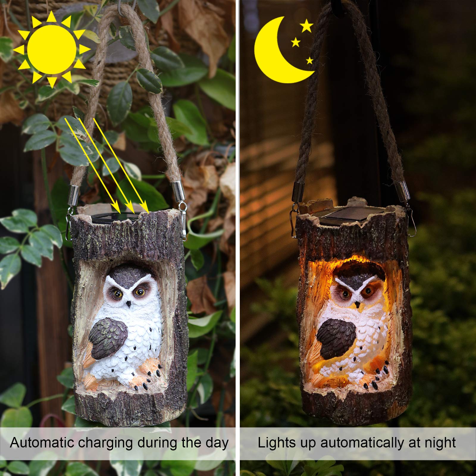 KZOBYD Solar Hanging Lanterns Outdoor Waterproof Owl Stump Lamp with Handle LED Owl Statue Light Lawn Figurine Solar Powered for Patio Courtyard Yard Garden Porch Tabletop Decor (Brown Wing)