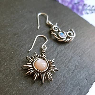 Boho Retro Opal Sun and Moon Dangle Earrings Vintage Silver Asymmetry Moon Star Sun Dangle Drop Earrings Black Moonstone Moon Hypoallergenic Earrings for Women Statement Jewelry (style A)
