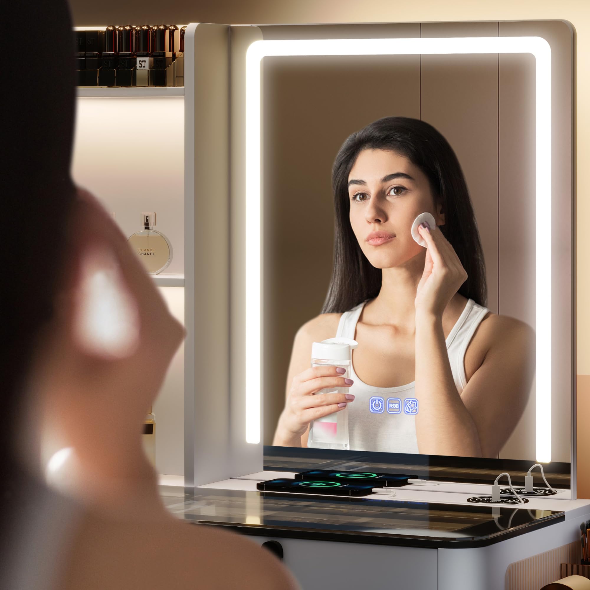 Vanity-with-Mirror-and-Lights Makeup Desk - White Dressing Table Set with Chair Glass Desktop Charging Station 6 Drawers 3 Open Storage Shelves