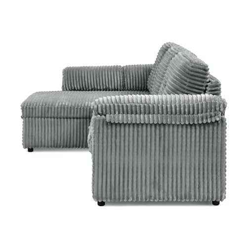 Corduroy Tufted Upholstered Left Facing Sleeper Sectional Sofa, L-Shaped Pull Out Sleep Couch Bed Modular Convertible Sofabed with Right Storage Chaise and Pillow-top Armrests for Living Room