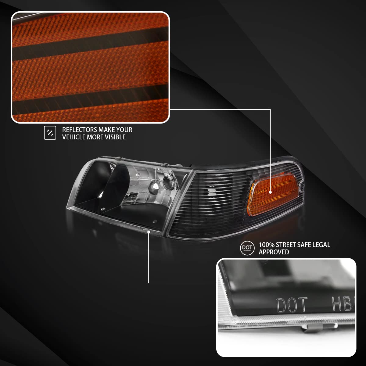 AUTOZENSATION Compatible with 1998-2011 Ford Crown Victory Black Housing Clear Lens Headlights + Corner Lights L + R Pair Headlamp