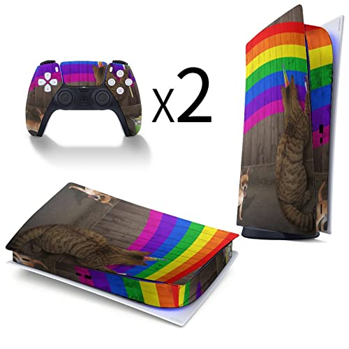 Beige Cat Unicorn Drawing Rainbow Full Protective Skin Cover Design Wrap Decal Sticker Compatible with PS5 Digital Edition Console and Controller