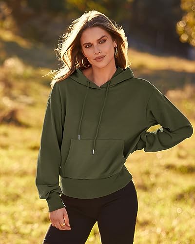 BTFBM Women's Casual Long Sleeve Cropped Hoodies Pullover Fall Winter Fashion Drawstring Sweatshirts Tops Pockets(Solid Army Green, Large)