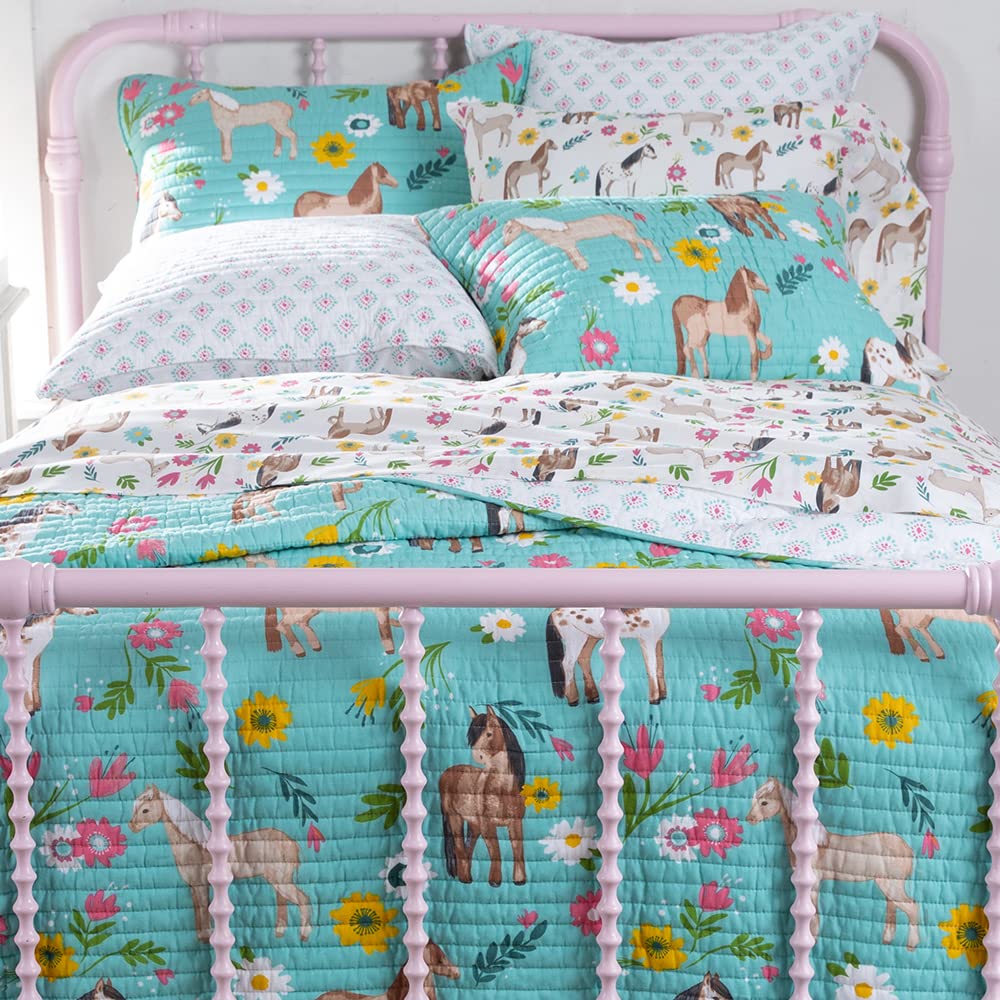 Rod's - Daisy Pony (Sheet Set) - 4-Piece Queen Sheet Set - Floral Pony - Pink Yellow Turquoise - Top Sheet(92x102in.) - Fitted Sheet (60x80x15in) - Two Standard Pillow Cases (20x30in) - Cotton