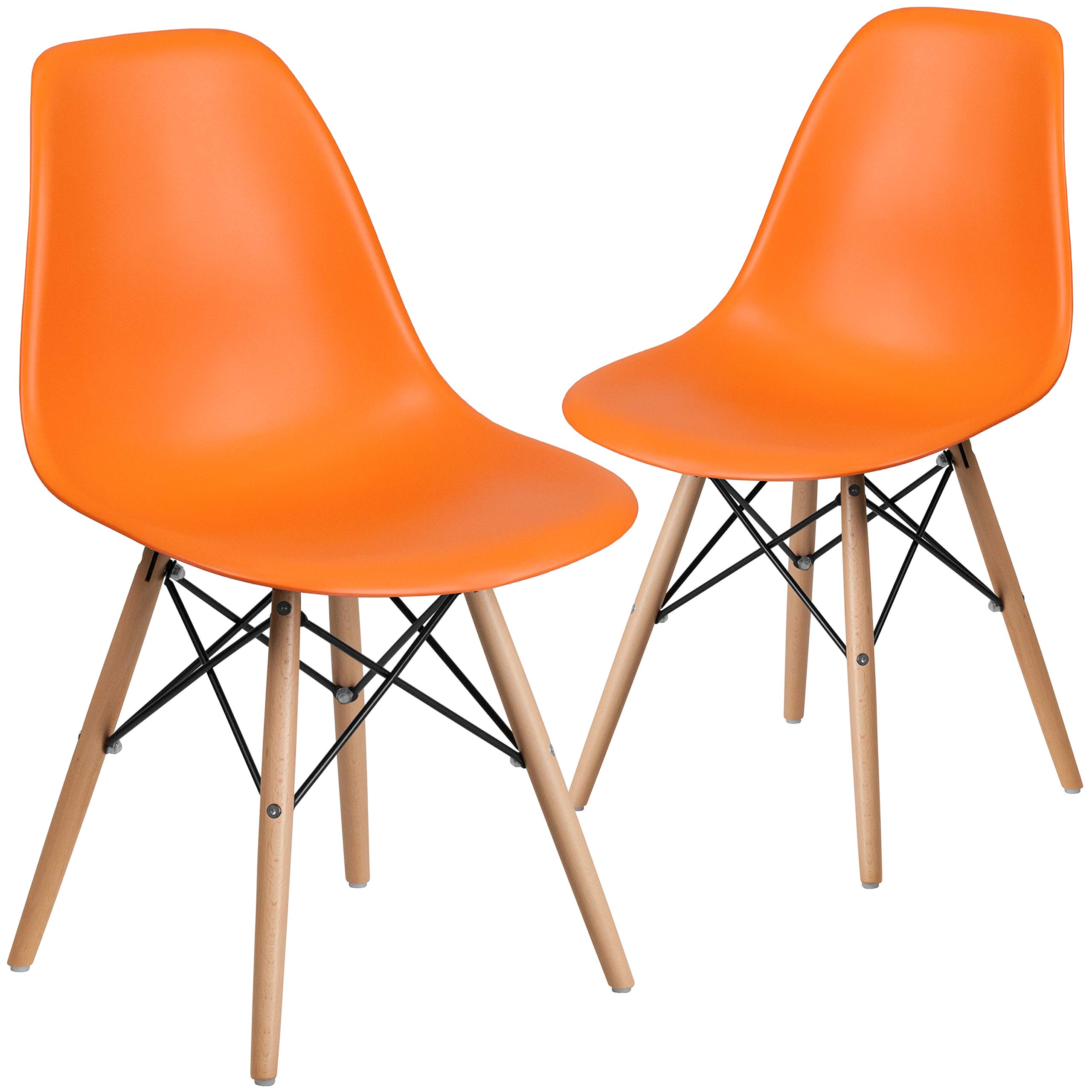Flash Furniture 2 Pack Elon Series Orange Plastic Chair with Wooden Legs for Versatile Kitchen, Dining Room, Living Room, Library or Desk Use