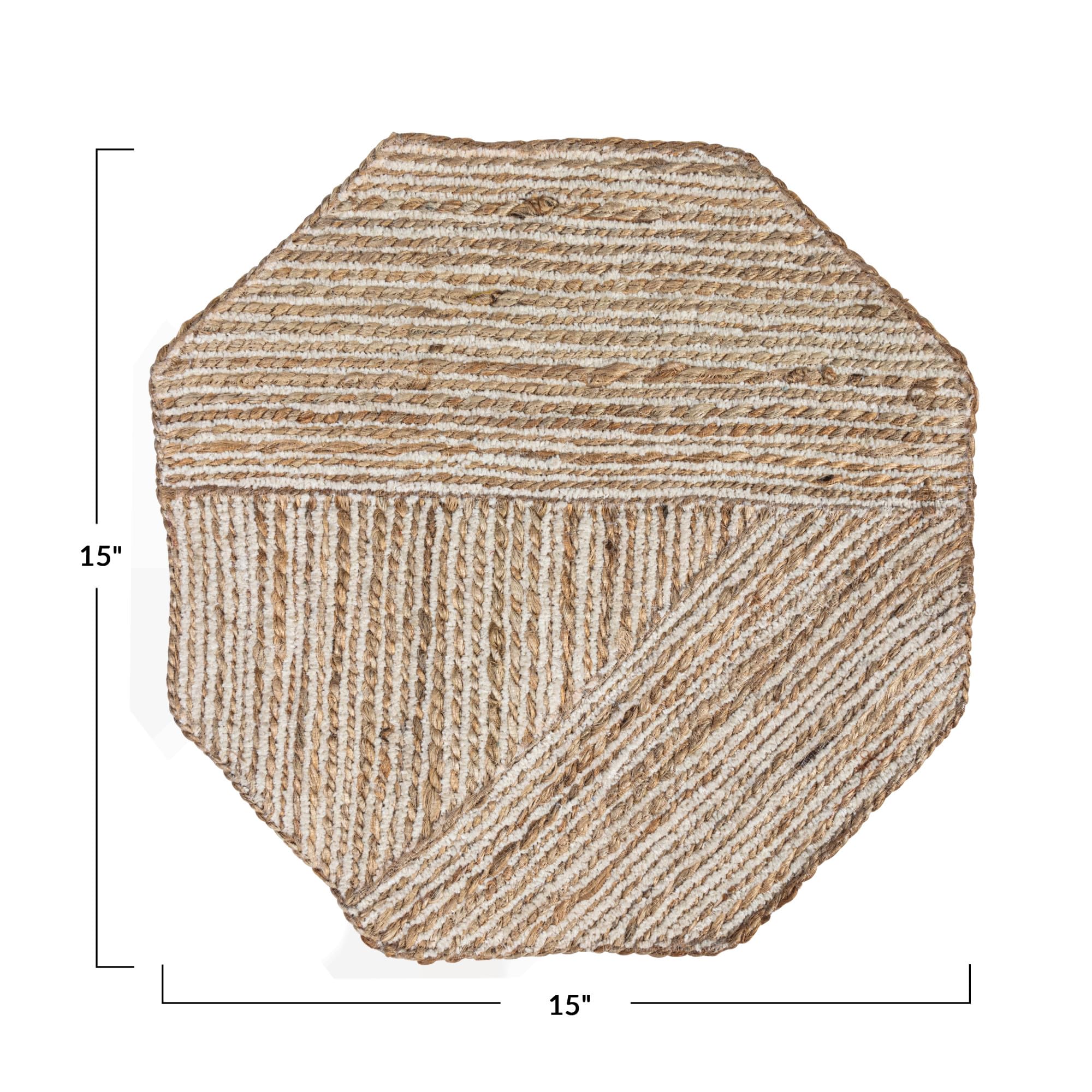 Bloomingville 15 Inches Cotton and Jute Embroidered Octagon Shaped, Natural and White Placemat
