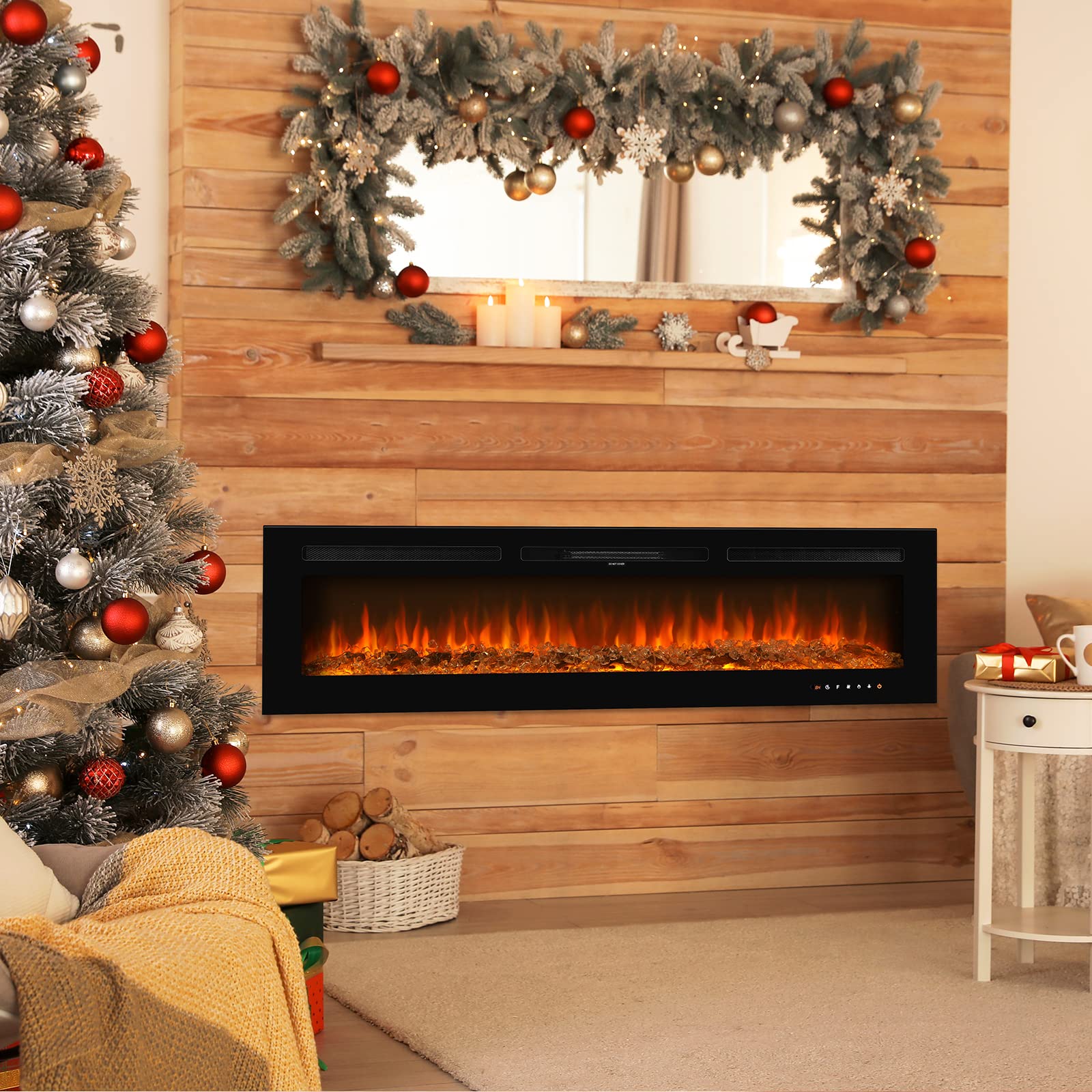 AthLike 60'' Recessed and Wall Mounted Electric Fireplace, 750/1500W Low Noise Linear Heater, with Multicolor Flame and 5 Flame Brightness, Log&Crystal, Touch Screen Remote Control,1-8h Timer, Black