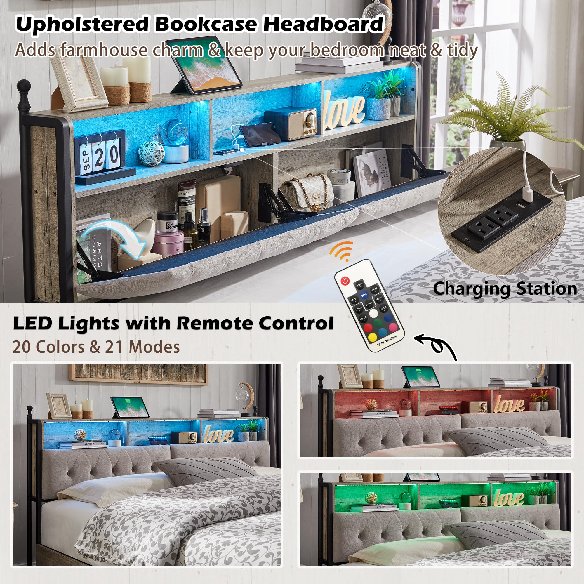 T4TREAM King Bed Frame with Storage Upholstered Headboard and 4 Drawers, Farmhouse Metal Platform Bed w/LED Lights & Charging Station, Stable & Easy Assembly, No Box Spring Needed, Dark Rustic Oak