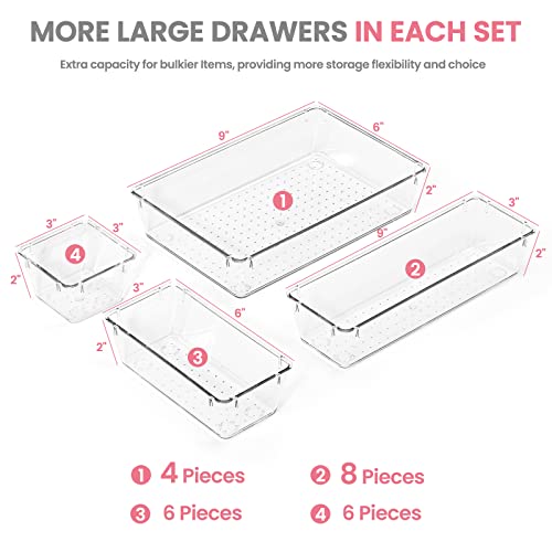 HOUSE DAY Makeup Drawer Organizer Trays 24 PCS, 4-Size Clear Drawer Organizers with Silicone Pads, Vanity Organizers and Storage, Non Slip Plastic Drawer Organizer for Desk, Bathroom, Kitchen, Office