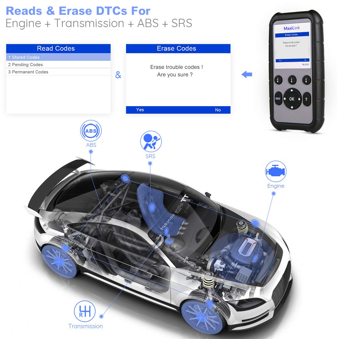 Autel OBD2 Scanner Diagnostic Code Reader ML629 - ABS/SRS/Engine/Transmission MaxiLink 629 Car Diagnostic Tool DTC Lookup AutoVIN Mechanic Car OBDii for Vehicle Engine/Transmission/AirBag/Brake System