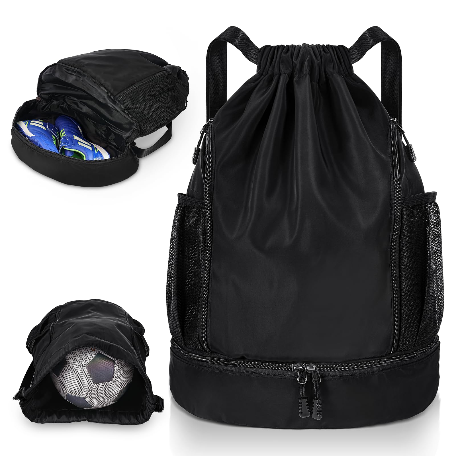Ball Bag Drawstring Backpack Gymbag Water Resistant Sports Sackpack with Shoe Compartment,Multiple Pockets Soccer Bag with Zipper,Basketball Bag Suitable for Travel or Fitness