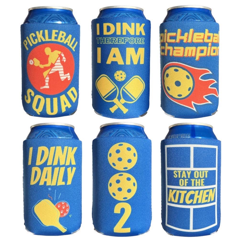 Brew Pants Pickleball Themed Coozies - Great Gift for Any Pickleballer - Premium Neoprene Material - 6 Pack (Standard 12oz Beer/Soda Can) (Design Set 1)