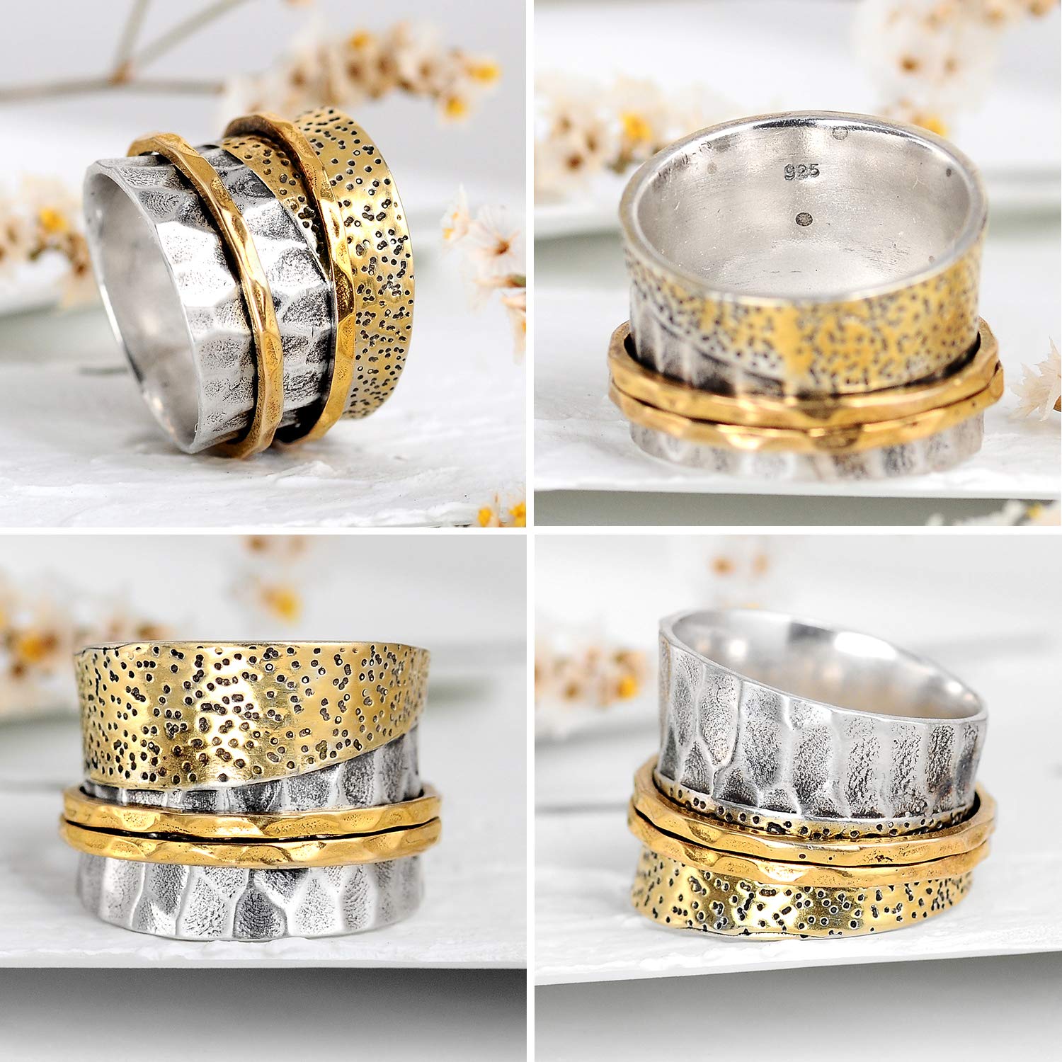 Boho-Magic 925 Sterling Silver Spinner Ring for Women with Brass Fidget Rings Wide Band (9)