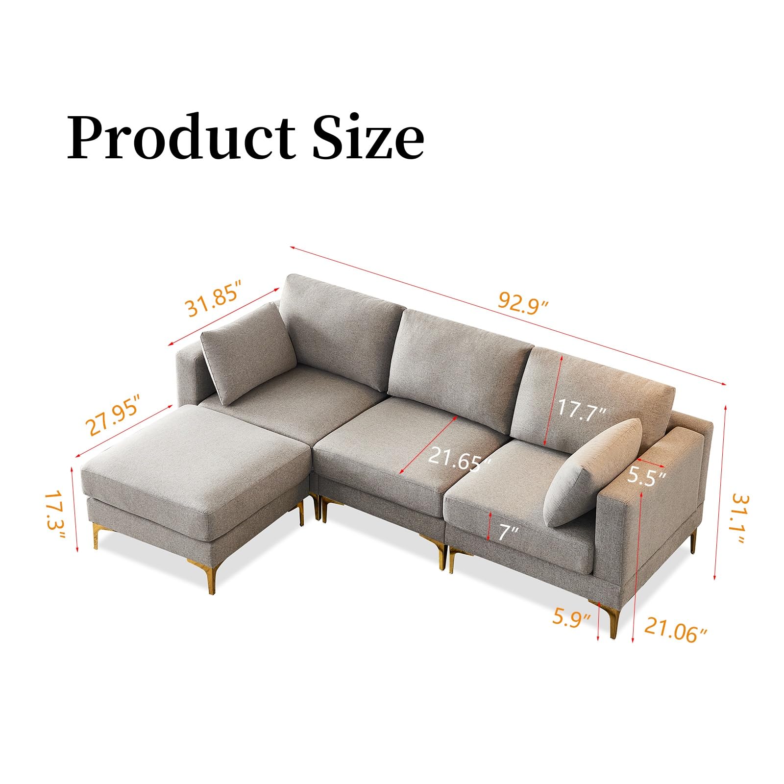 ChicFurnit Sectional Sofa,L Shape Couch with Built-in USB Interface and a Convertible Footstool,108.6'' Fabric Upholstery Sofa with Gold Metal Legs and Two Pillows for Living Room,Bedroom,Grey