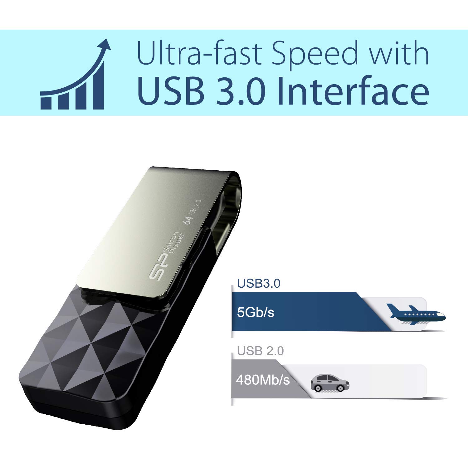 Silicon Power 64GB Blaze B30 USB 3.0 Swivel Flash Drive, Black (SP064GBUF3B30V1K)