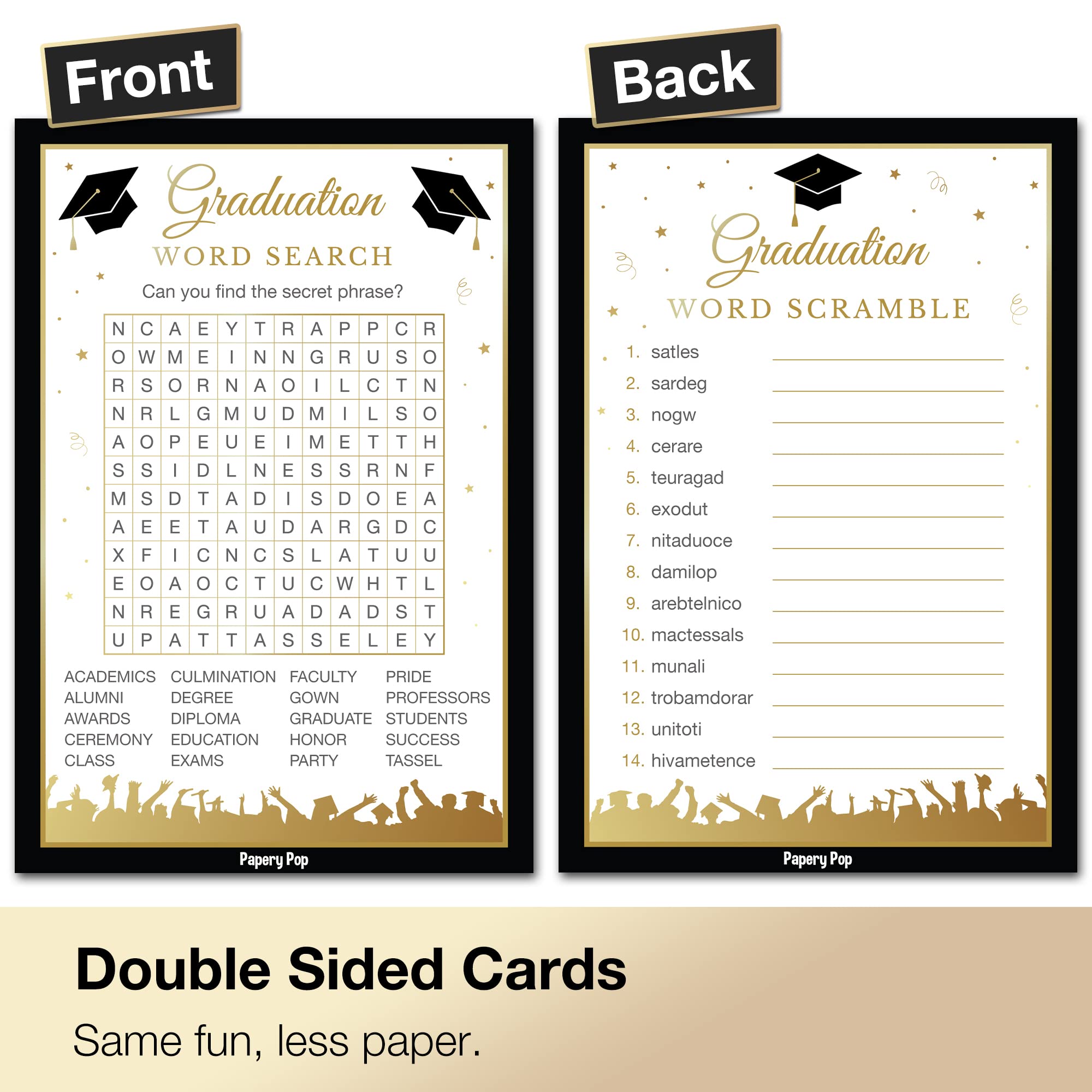 Papery Pop 2024 Graduation Party Games - Set of 4 Games for 30 Guests - Double Sided Cards - Graduation Party Supplies