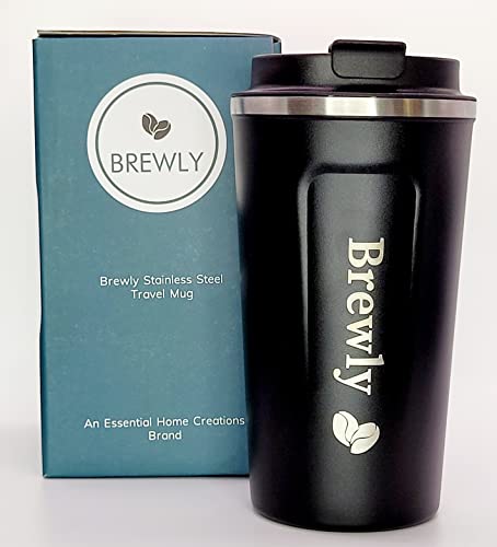 Brewly 17 oz Stainless Steel Vacuum Insulated Tumbler - Coffee Travel Mug Spill Proof Lid - Great for Coffee or Tea - Black, US Based Brand (Black)