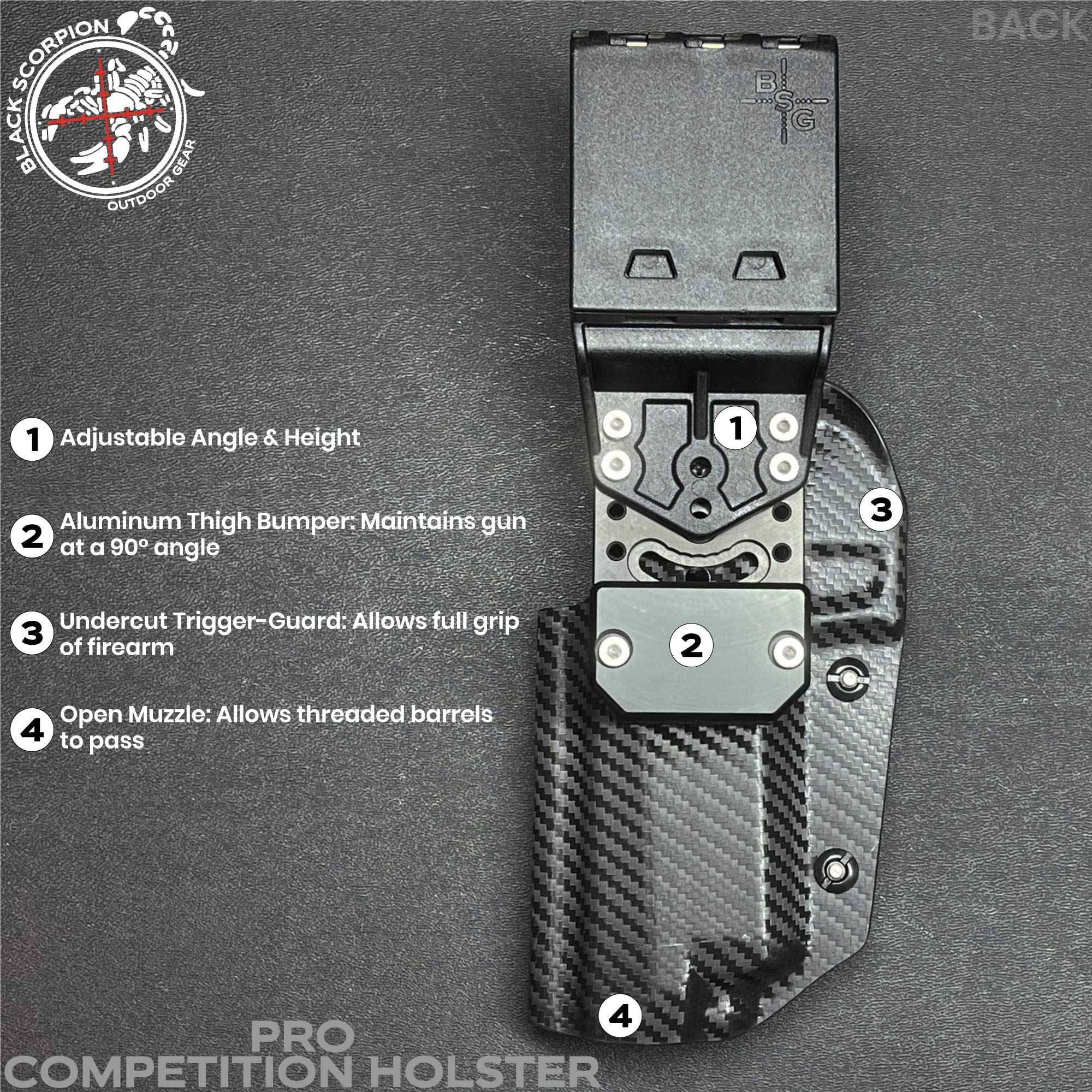 Black Scorpion Outdoor Gear Pro Competition Holster OWB Kydex fits Smith and Wesson MP9, MP40 M2.0 5'' 3GUN, IPSC, USPSA Approved, Adjustable in All Angles and Retention (Carbon Fiber)