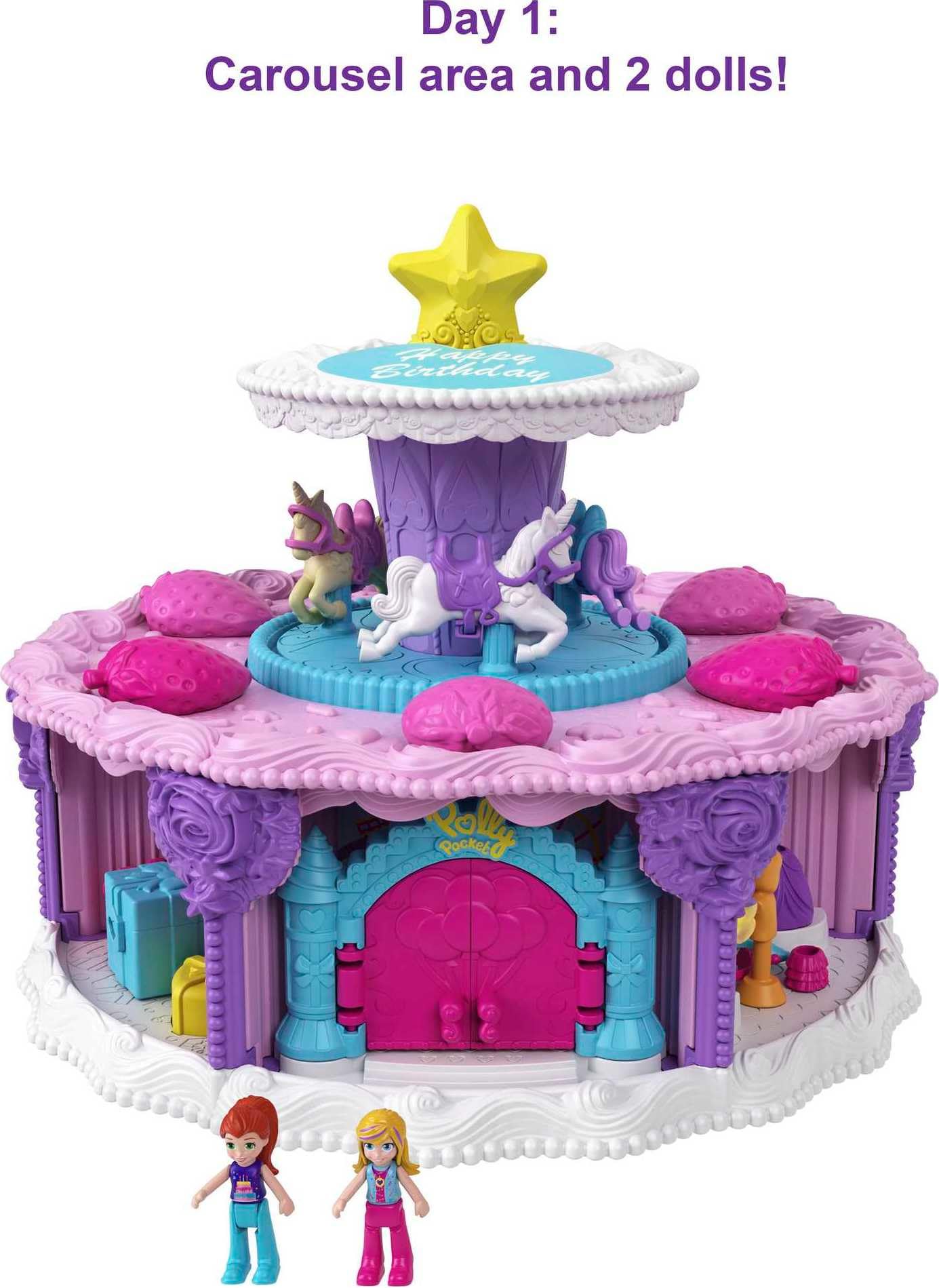 Polly Pocket 2-in-1 Playset, Unicorn Toy with 2 Micro Dolls & 25 Surprise Accessories, Birthday Cake Countdown