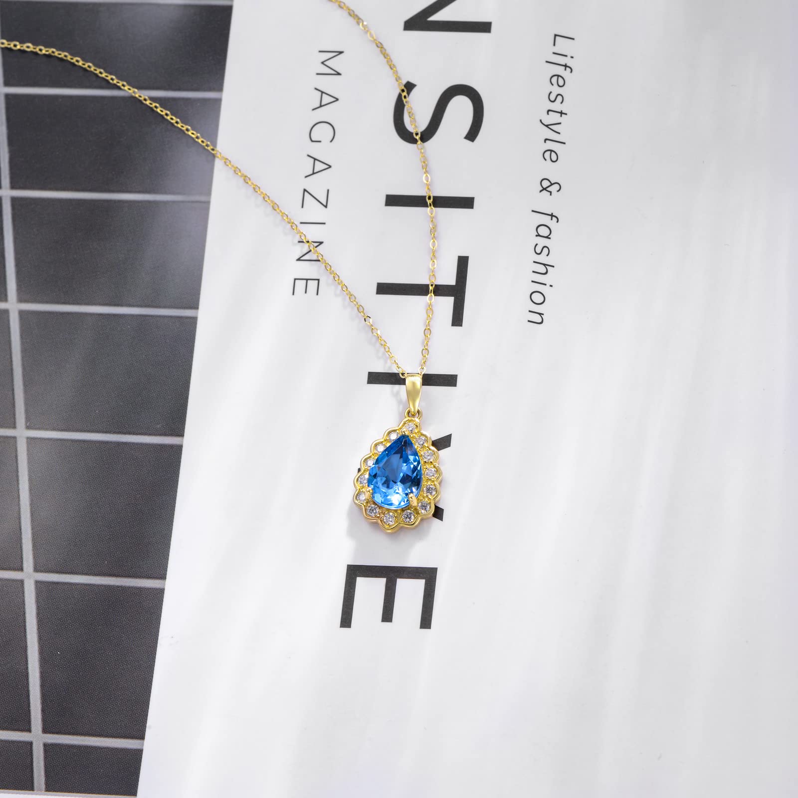 Ayafee 14K Real Gold Blue Topaz Necklace Sparkling Gemstone Pendant Elegant and Timeless Jewelry Gift for Women