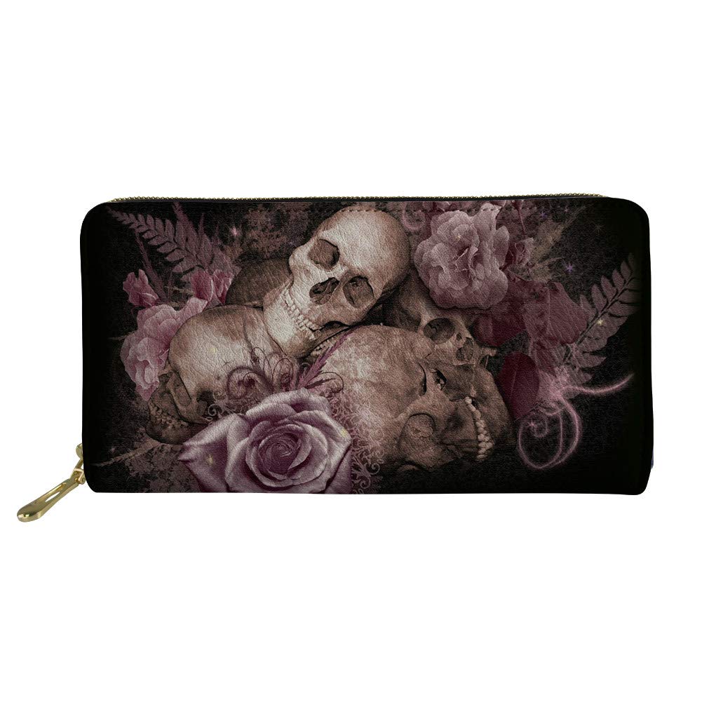 INSTANTARTS Skull Pu Leather Wallet Long Purse Women Clutch Handbag Cards Holder