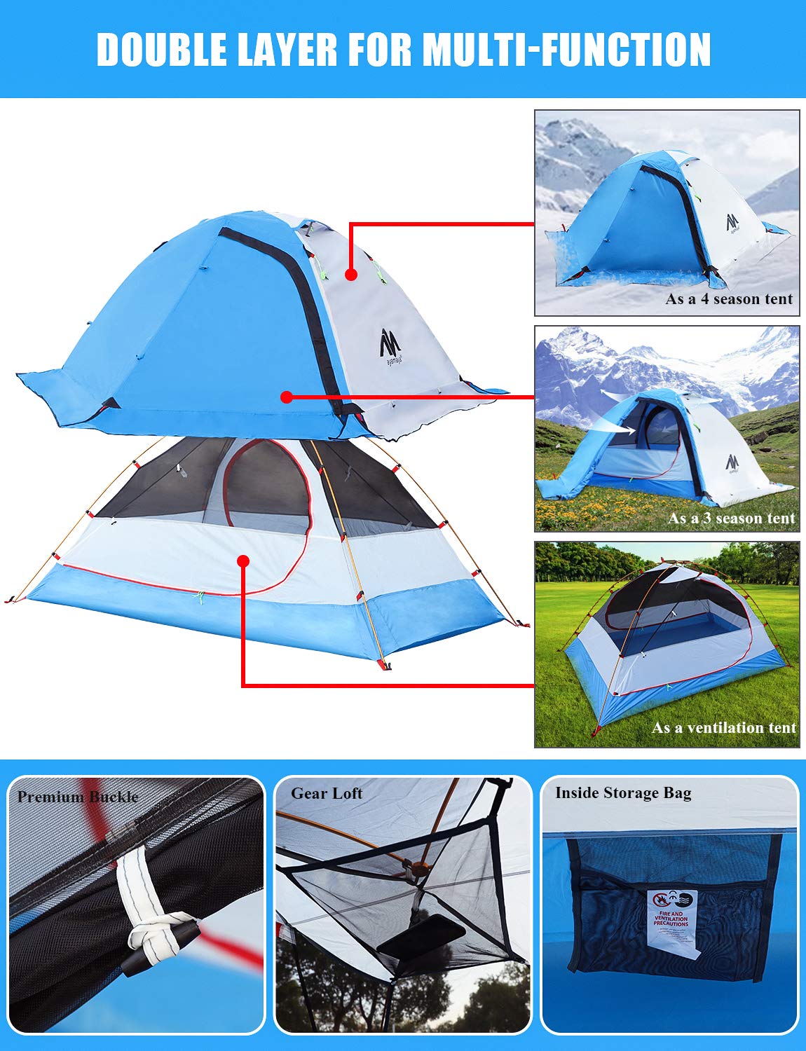 AYAMAYA 4 Season Backpacking Tent 2 Person Camping Tent Ultralight Waterproof All Weather Double Layer Two Doors Easy Setup 1 2 People Man Tents for Backpacker Outdoor Hiking Survival