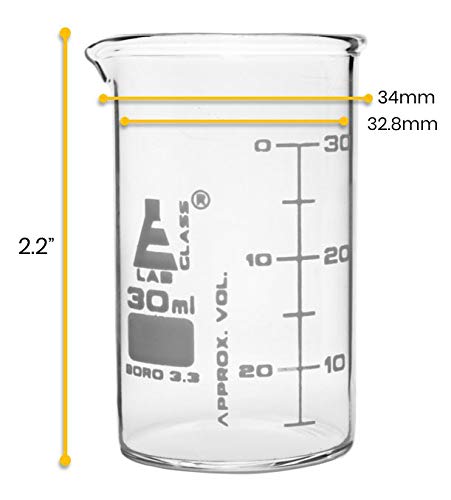 EISCO 12PK Beakers, 30ml - ASTM - Low Form with Spout - Dual Scale, White Graduations - Borosilicate 3.3 Glass