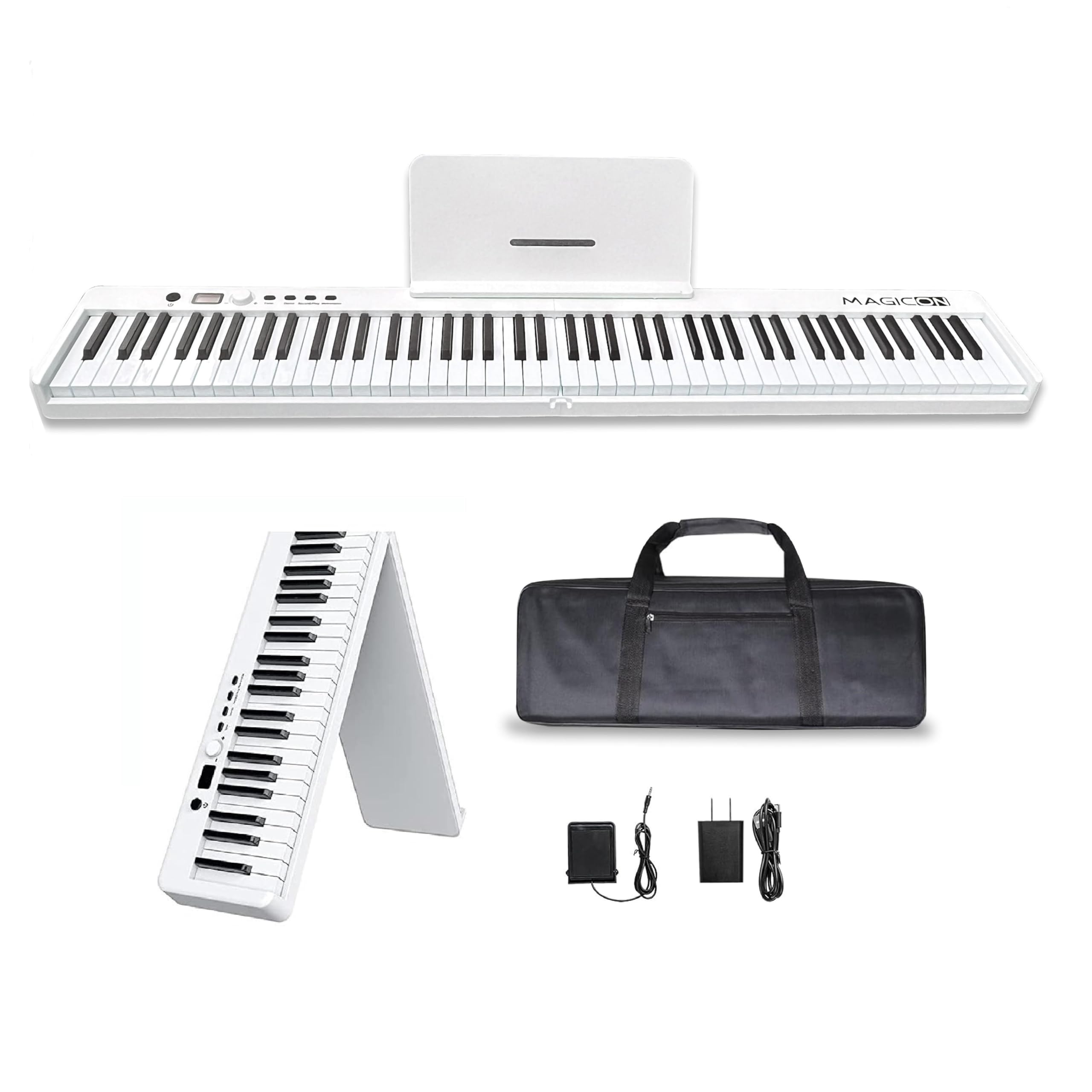 MAGICON 88 Key Foldable Electronic solid Piano can be folded in 180°,more portable. True and Pure Grand Piano Sound Source by France DREAM, Foot Pedal/Power adapter/Delicate Handbag (White)