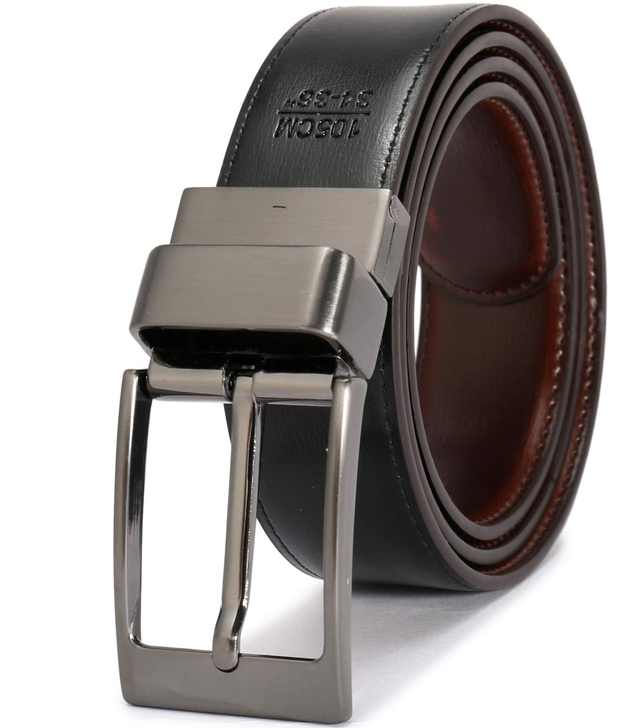 beltox fine Men's Dress Belt Leather Reversible 1.25" Wide Rotated Buckle Gift Box(Black Buckle with Cognac/Black Belt,34-36)