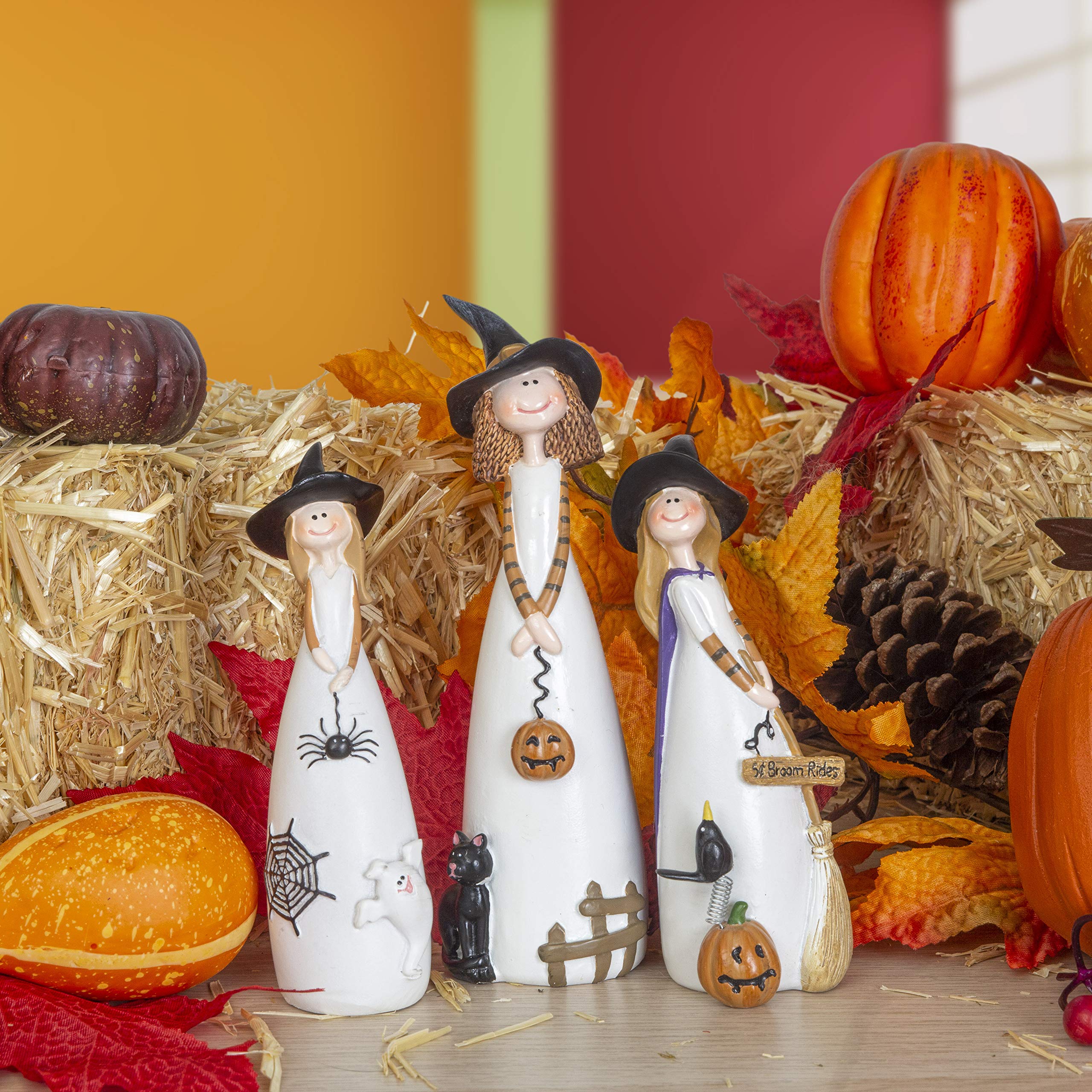 Besti Halloween Witch Decorations, 3 Piece Set, Cute Home and Party Holiday Decor and Fall Accents, Classic Witches Hats, Cat, Ghost, Crow, and Pumpkins, Ceramic Figurines
