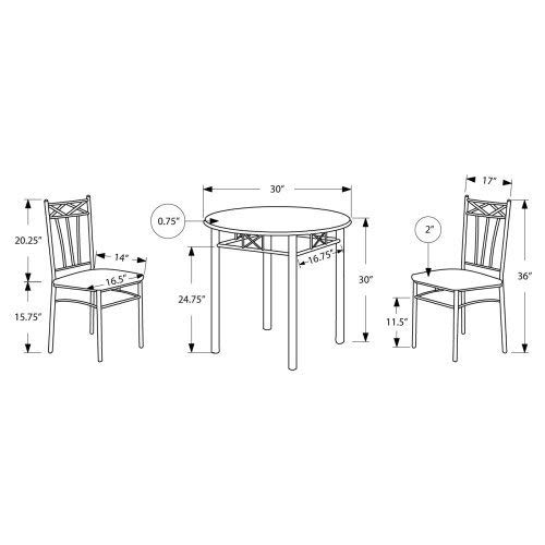 Monarch Specialties 3075 Table, 3pcs, Small, 30" Round, Kitchen, Metal, Laminate, Brown, Grey, Transitional Dining Set, 30" L x 30" W x 30" H, Silver