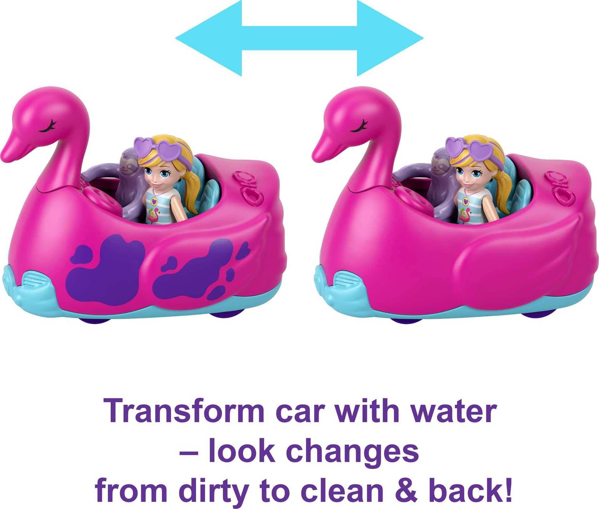 Polly Pocket Playset, Pollyville Flamingo Fun Car Wash with 2 Micro Dolls, Toy Car, Water Play & Color-Change Accessories