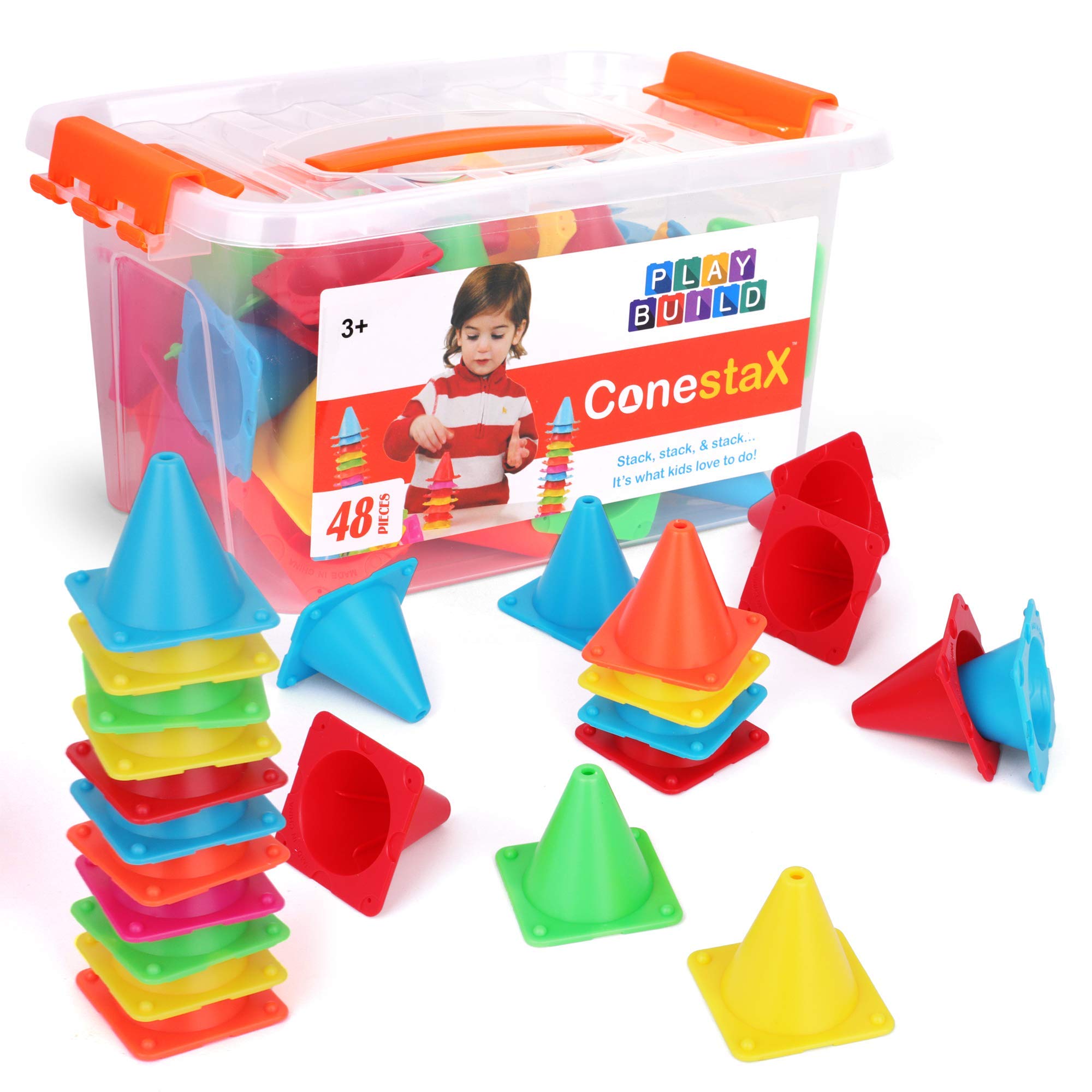 Play Build ConestaX Stacking Game - 48 Pcs Cones Balancing Stacking Toy - Fun STEM/STEAM Activity Games for Toddler - Educational Cone Stack Toys with Plastic Storage Container